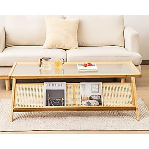 GOFLAME Bamboo Coffee Table, 2-Tier Rectangular Coffee Table with Glass Tabletop, Modern Center Table with Handwoven Rattan Storage Shelf, 48” Tea Table Cocktail Table for Living Room, Office, Natural