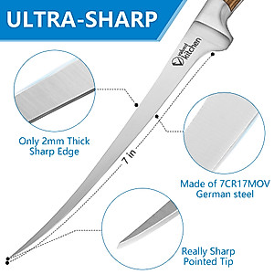 Filet Knife For Fish (7CR17MOV) - (7 inch) Stylish Fillet Knife For Family - Fillet Knife For Meat - Reliable Fishing Knives for Indoor Outdoor - Best Fillet Knife wooden handle- Fish Knife Filleting