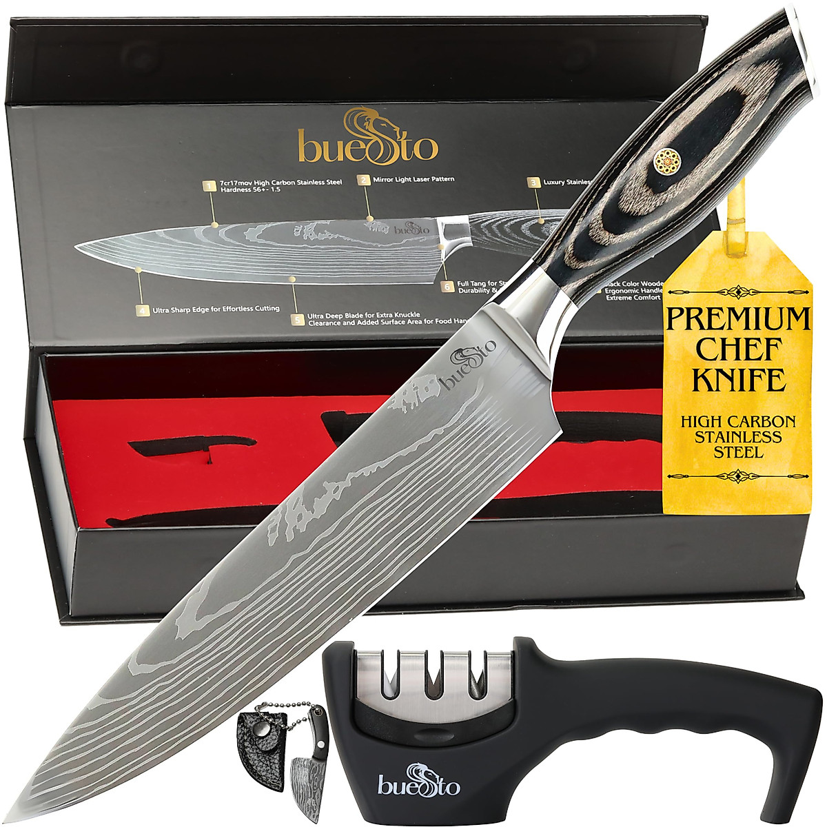 BUESTO Professional Chef Knife - 7cr17mov HC Japanese Knife - 8'' Kitchen Knife - Chefs Knife with Knife Sharpener - Ergonomic Handle Sharp Knife - Unique Gifts for Men and Women - Premium Gift Box