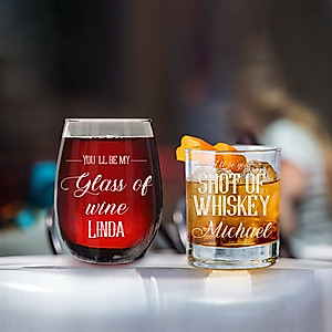 Couples Gifts - Personalized Wine & Whiskey Glasses - Mr & Mrs - His & Hers Anniversary Gift for Couple - Cool Couple Gifts for Boyfriend, Girlfriend, Husband, Wife or Fiancee - New Home Essentials
