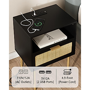 Aienvey Rattan Nightstand with Charging Station, Drawer Dresser for Bedroom, Small Bedside Table with Drawer, Night Stand, End Table with Gold Frame for Living Room, Black