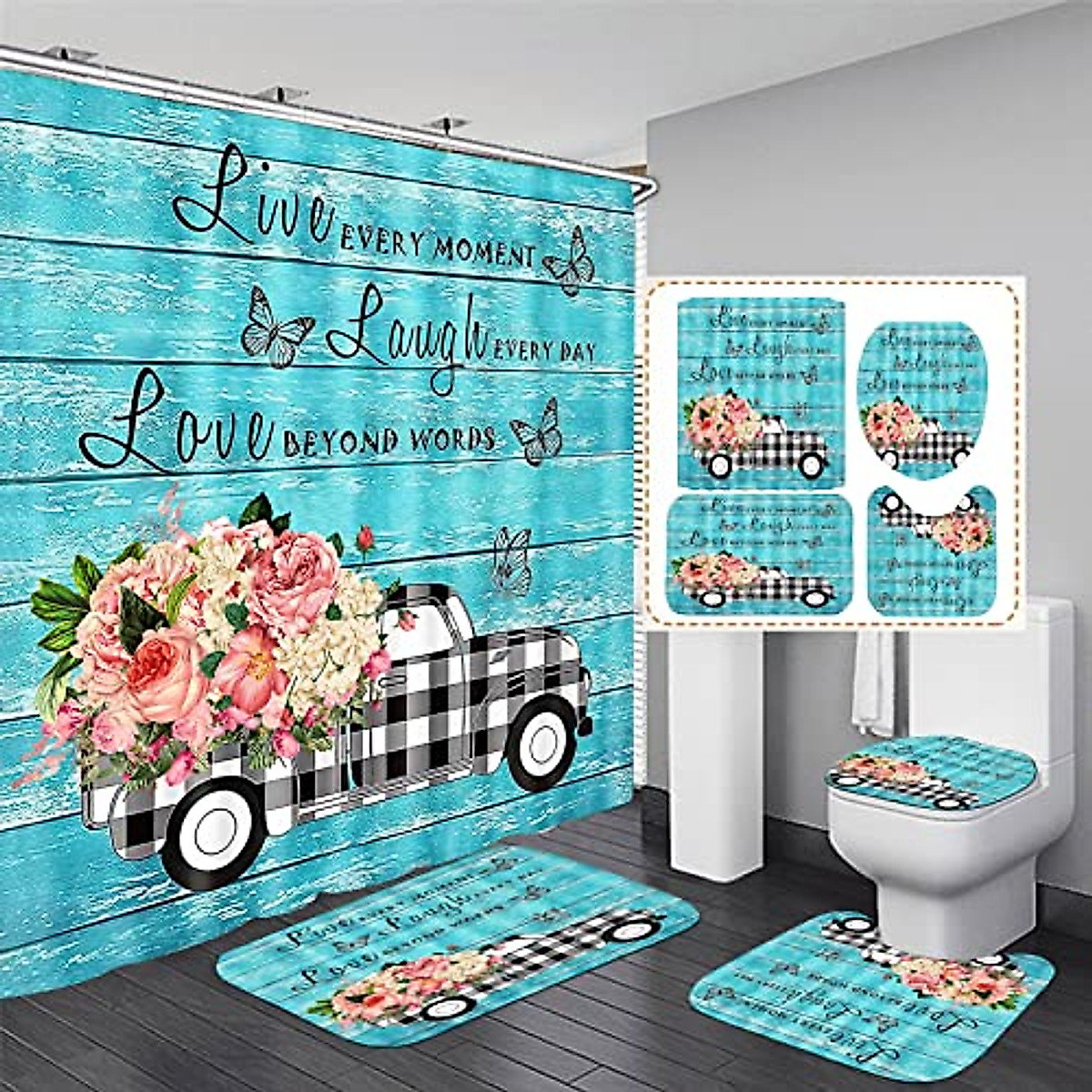 jieprom 4PCS Rose Flower Truck Shower Curtain Set with Non-Slip Rugs, Toilet Lid Cover and Bath Mat, Teal Shower Curtain with 12 Hooks, Insipirational Bathroom Decor Set, Love, Live and Laugh