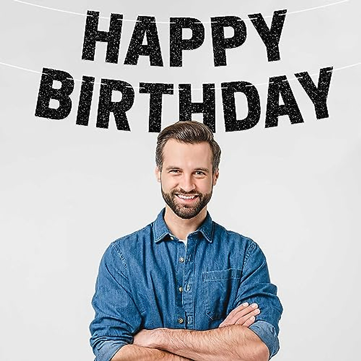 Pre-Strung Happy Birthday Banner - NO DIY - Black Glitter Birthday Party Banner - Pre-Strung Garland on 8 ft Strands - Black Birthday Party Decorations & Decor for Men & Women. Did we mention no DIY