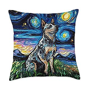 Sagittarius Gallery Blue Heeler Starry Night Australian Cattle Dog Art by Aja Throw Pillow, 18x18, Multicolor