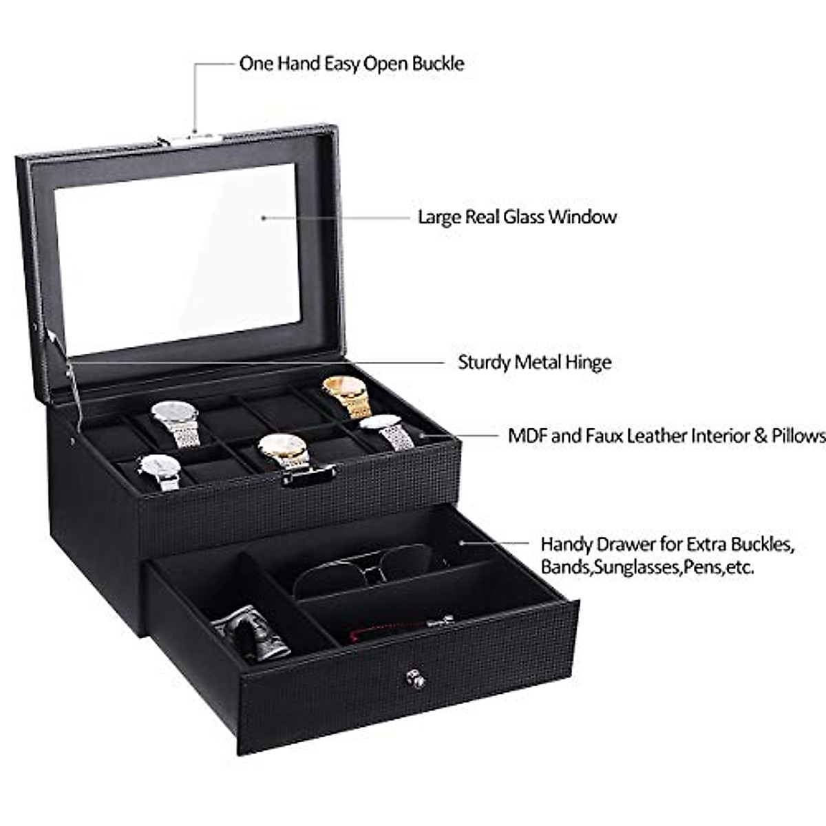 BEWISHOME Watch Box Organizer with Valet Drawer - Real Glass Top, Metal Hinge, Large Holder, Black Carbon Fiber Faux Leather - 10 Slots Watch Storage Case Jewelry Box for Men SSH14C