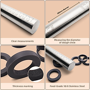 Adjustable Rolling Pin with Thickness Rings for Baking -Non Stick Stainless Steel Dough Roller Pin with Bands for Cookie,Wood,Wooden and Bread (Grey, 15.8 '')