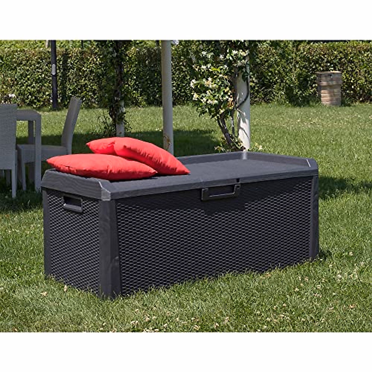 Toomax Z156RD97 Santorini Plus Lockable Deck Storage Box Bench for Cushioned Outdoor Pool Patio Garden Furniture & Indoor Toy Bin Container, 145 Gallon (Anthracite)
