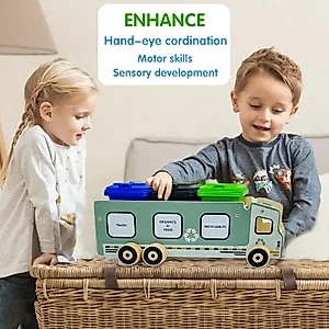 Tmgooyier Large Wooden Garbage Truck Toy for 4 5 6 7 Years Old Boys, Waste Management Recycling Trash Truck Toy Set with 3 Bucket Trash Cans Toy for Boys Girls Toddlers