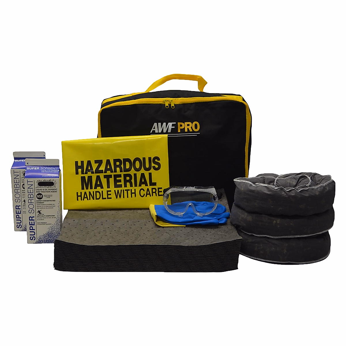 AWF PRO Portable Sorbent Universal Spill Kit, 32 Pieces: Perfect for Truckers, Restaurants, Vehicles, and Homes. Contains Super Sorbents, Heavy Duty Pads, Socks, Hazmat Bags, Goggles & Gloves