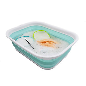 SAMMART 12L (3.17 Gallon) Collapsible Tub - Foldable Dish Tub - Portable Washing Basin - Space Saving Plastic Washtub (1, White/Lake Green)