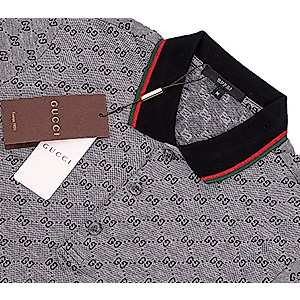 Gucci Polo Shirt, Mens Gray Short Sleeve Polo T- Shirt GG Print (L)