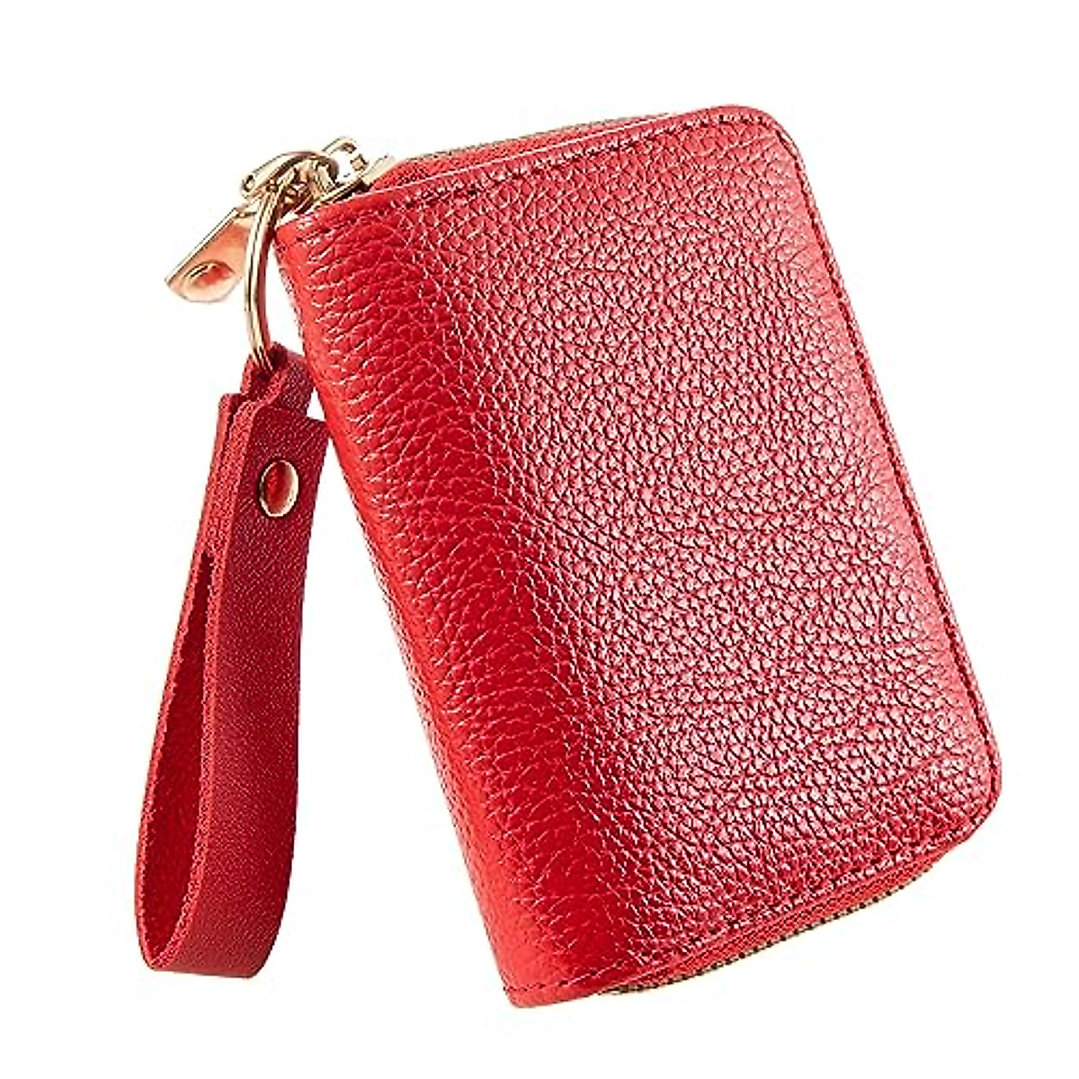PEIQICHU Red Credit Card Holder 14 Slots Soft PU Leather Card Case Card Protector Metal Zipper With Keychain Men & Women RFID Blocking Small Wallet for ID Card Credit Cards