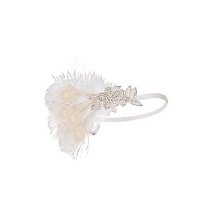 BABEYOND Women's Peacock Gatsby Party Wedding Headband with Ribbon Flapper Costumes Accessories Peacock Headband with Feather Apricot