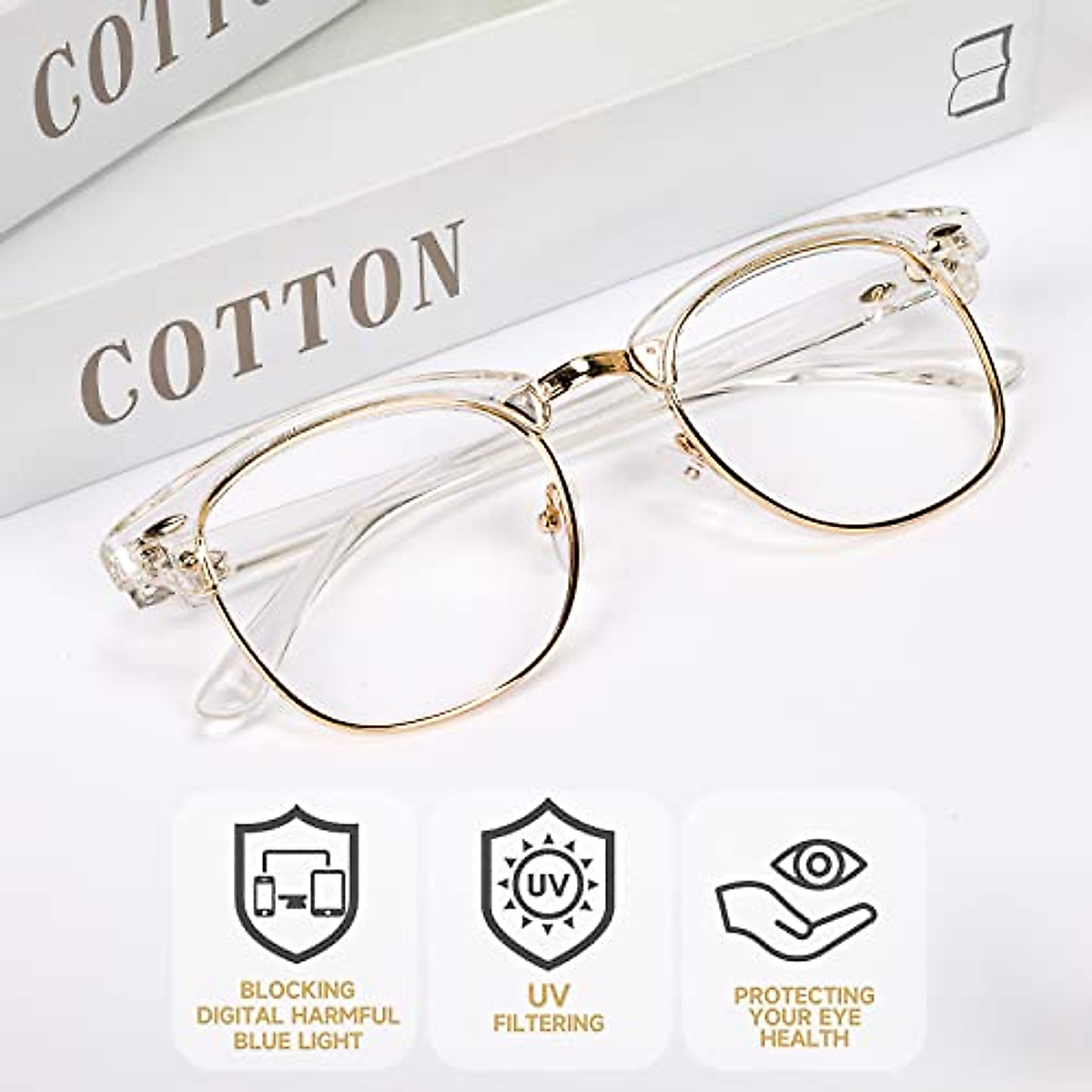 Nipukt Eyewear Frames, Blue Light Glasses Lightweight, Computer Gaming/Phones/TV Glasses, Office/Outdoor Glasses for Women or Men, Anti Eyestrain Glasses, Clear Gold Frame