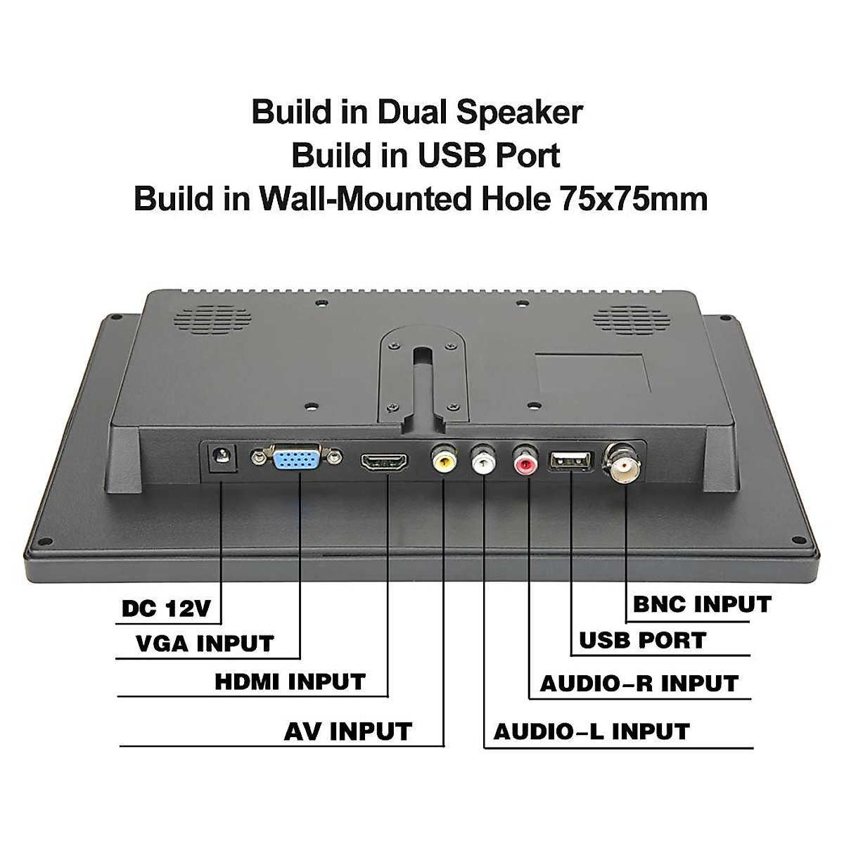 LONCEVON 10 inch Portable HDMI Monitor Mini VGA Monitor Screen for PC/Camera/TV/Raspberry PI/Gaming; 1024x600 Pixel Support 1920x1080P Resolution; with Dual Speakers and USB Port