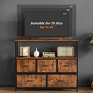 Dresser TV Stand, Entertainment Center with 5 Fabric Drawers, Media Console Table for TV with Open Storage Shelf Dresser for Bedroom/Living Room/Hallway Rustic Brown