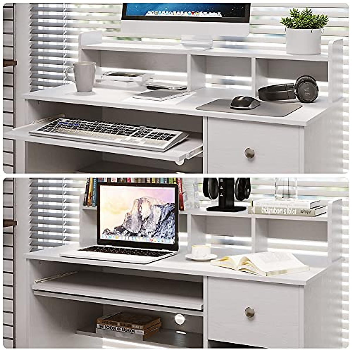 Crestlive Products Writing Computer Desk with Keyboard Tray & Drawer, Home Office Furniture, Floating Organizer 2-Tier Wooden Mission Home Computer Vanity Desk for Apartment Small Space (White)