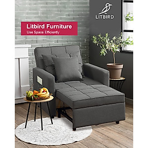 Litbird [UPDATED] Convertible Chair Sleeper Bed, Stepless Adjustable Backrest, Futon Chair Turns Into Bed, Sleeper Sofa for Living Room, 3 in 1, Linenette, Deep Gray