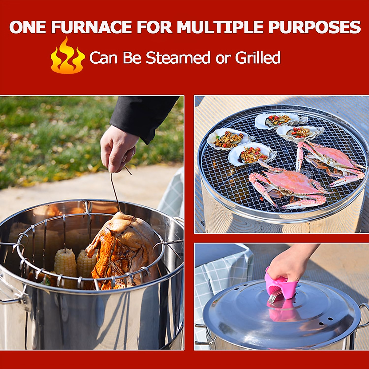 RIIGOOG Large Portable Charcoal Grills, Stainless Charcoal BBQ Grill Barrel 360° Smokeless Outdoor Barbecue Grill for Travel, Outdoor Cooking and BBQ, Camping Grill Picnic Patio Backyard