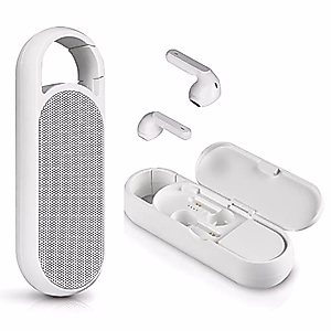 Acoustic Research – Model- ARTWS30, Duo Wireless Speaker and Earbuds – All-in-One Bluetooth Speaker, Earbuds and Charging Case, Hands-Free Calling, Built-in Travel Clip, Portable, Rechargeable – White