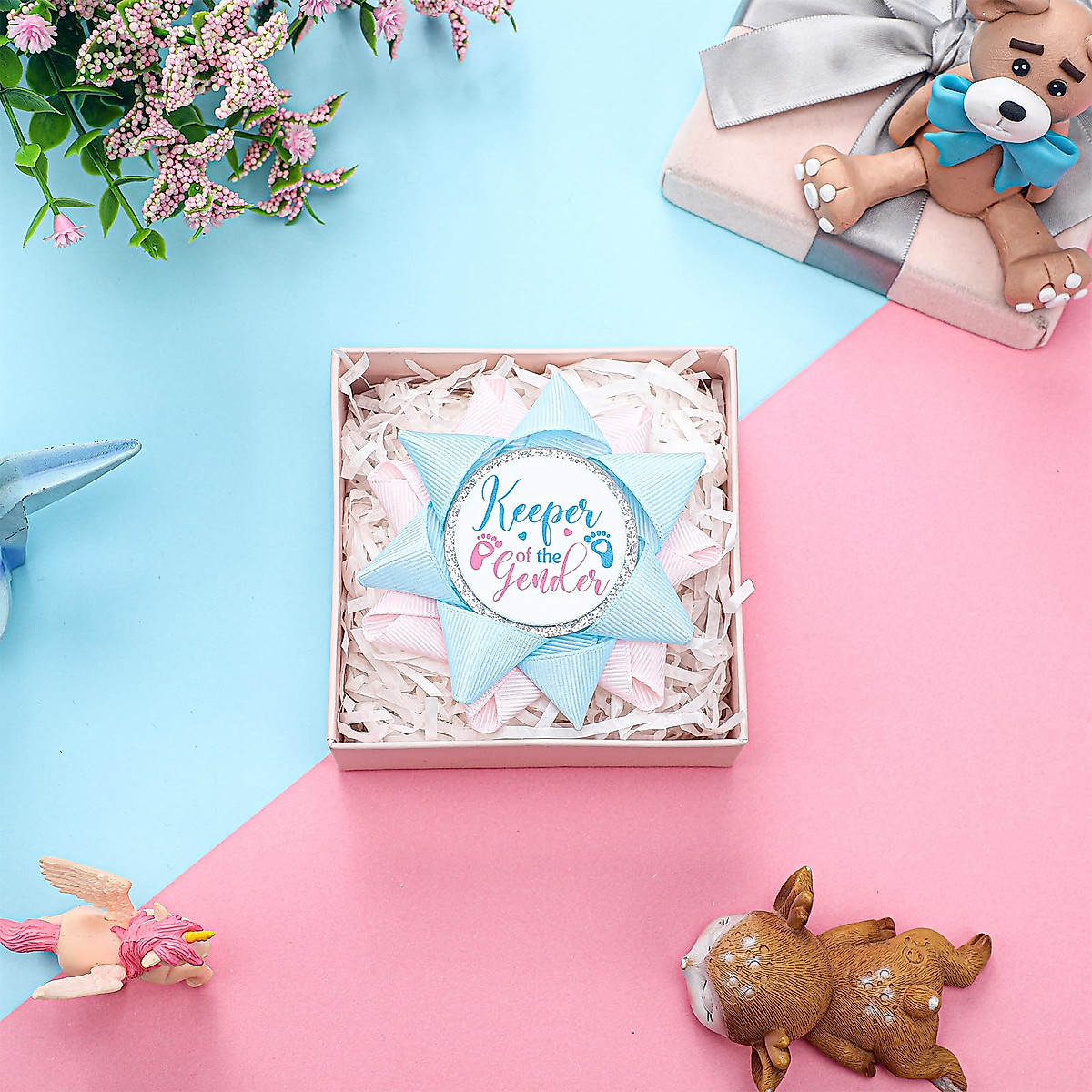 Ecation Keeper Of The Gender Button Gender Reveal Party Favors Boy or Girl Button Pins Baby Feet Light Blue and Pink Grosgrain Ribbon Pins for Baby Shower Party Celebration Party Supplies