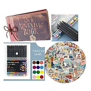 Our Adventure Scrapbook Kit – Includes 40 pgs of Brown cardstock, 12pc FineLiner Pen Set & 100 pc Travel Stickers - Gift Ideas (Wedding, Birthday, Traveler) – Hard Cover – Thick Paper. Versatile