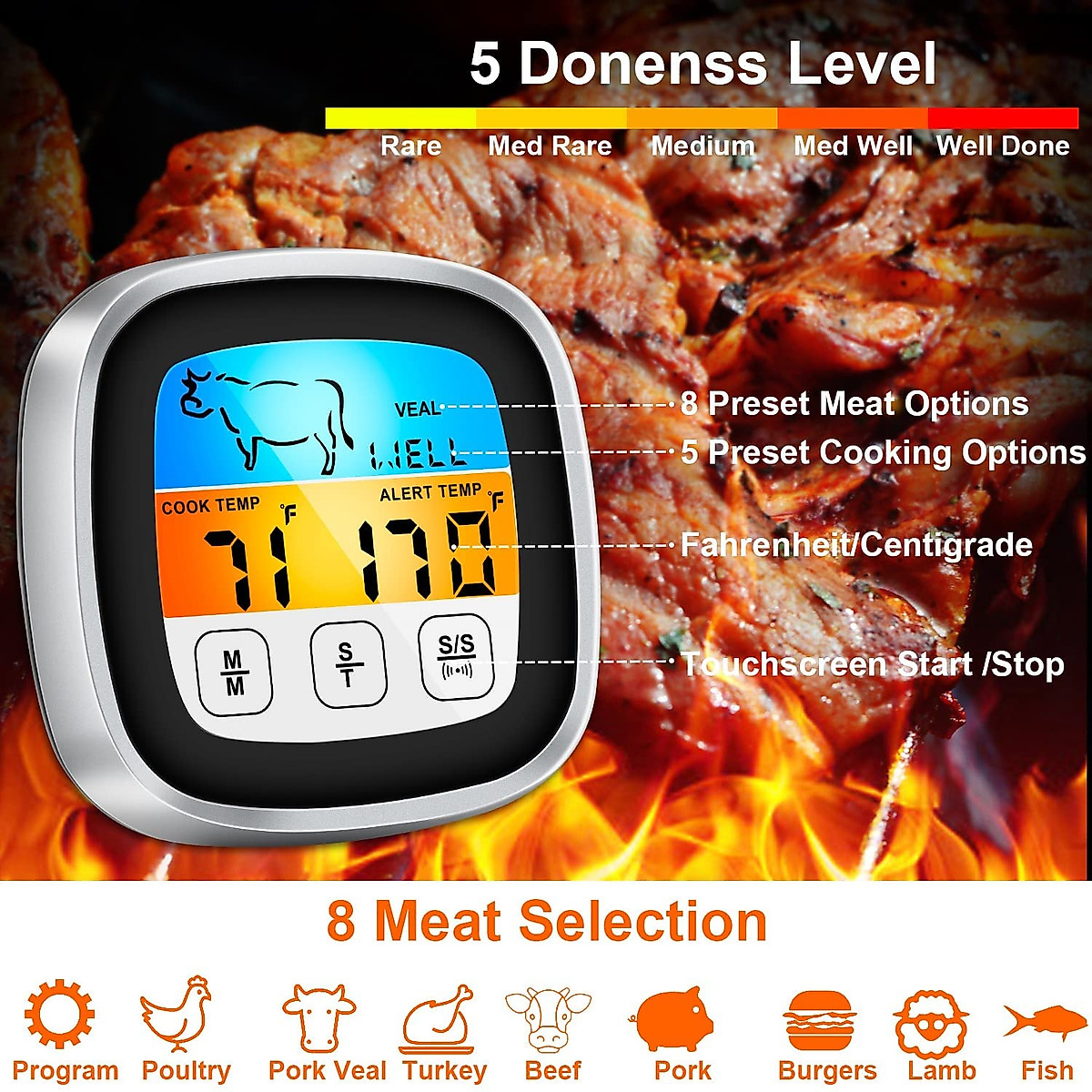 Instant Read Meat Thermometer Digital Thermometer, Professional Kitchen Cooking Thermometer for Grilling, Food Thermometer with Alarm Touch Screen IPX7 Waterproof Probe, Food Grade Material, 1 Pack