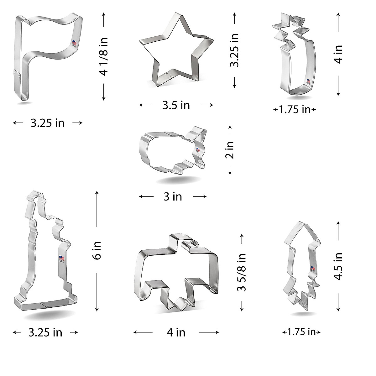 Foose Cookie Cutters Patriotic 7 Pc Set with Recipe Card, Made in USA