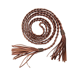 CHIC DIARY Women Braided Waist Belt Skinny Woven Tassel Belt for Dress (Brown)