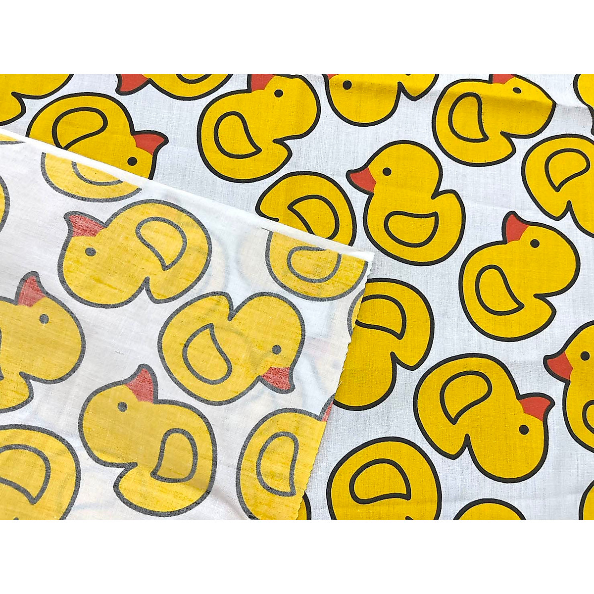 AMORNPHAN 44 Inch Yellow Bird Happy Rubber Duck Printed On White Cotton Fabric Themed Pattern with Ducks for Craft Cloth Kid Patchwork Handmade Sewing Crafting for 1 Yard