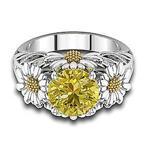 Koguxuix 925 Sterling Silver Ring Citrine Daisy Ring Cubic Zirconia Sunflower Flower Wedding Ring Fashion Lady CZ Ring for Women (6)