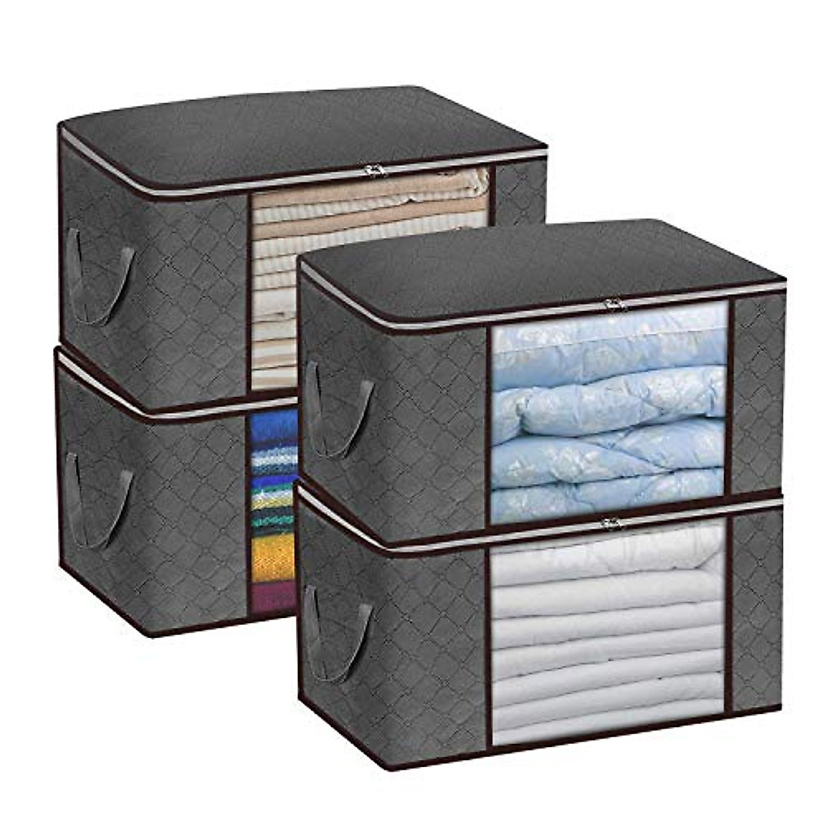 Large Storage Bags,Foldable Organizers Closet with Reinforced Handle Thick Fabric for Comforters,Clothes,Bedding，Blankets,with Double Sturdy Zipper, Clear Window,90L,Grey - 4Pack