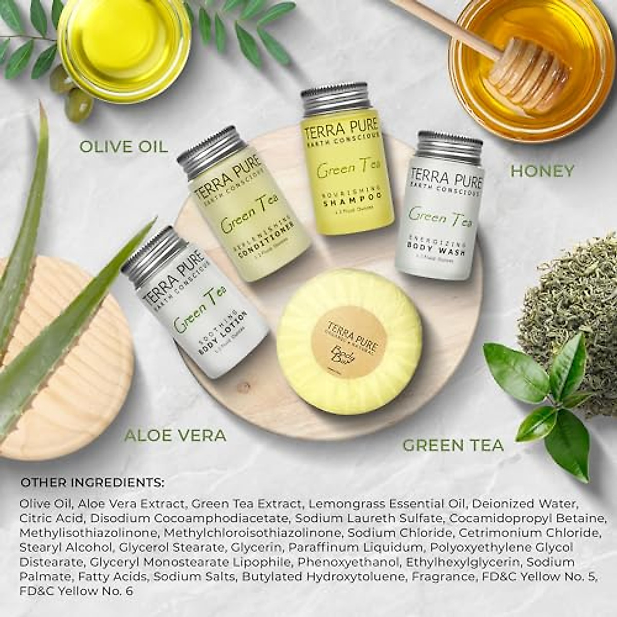 Terra Pure Hotel Soaps and Toiletries Bulk Set | 1-Shoppe All-In-Kit Amenities for Hotels | 1oz Hotel Shampoo & Conditioner, Body Wash, Body Lotion & 1.25oz Bar Soap Travel Size Toiletries | 75 Pieces