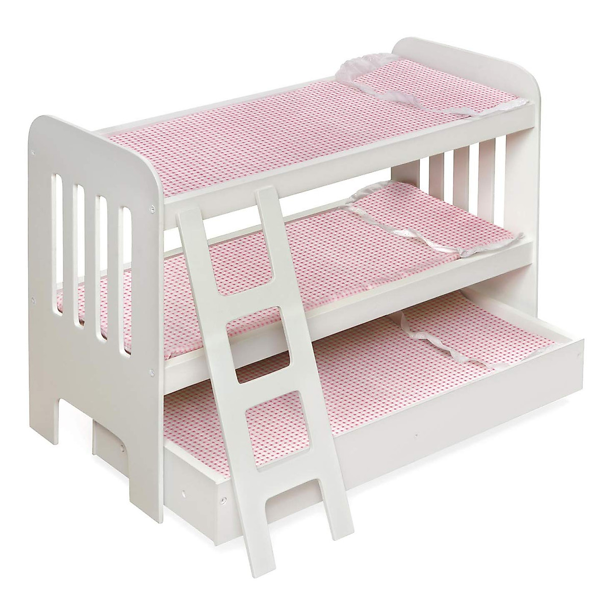 Badger Basket Toy Doll Bunk Bed with Trundle, Ladder, and Personalization Kit for 22 inch Dolls - White/Pink