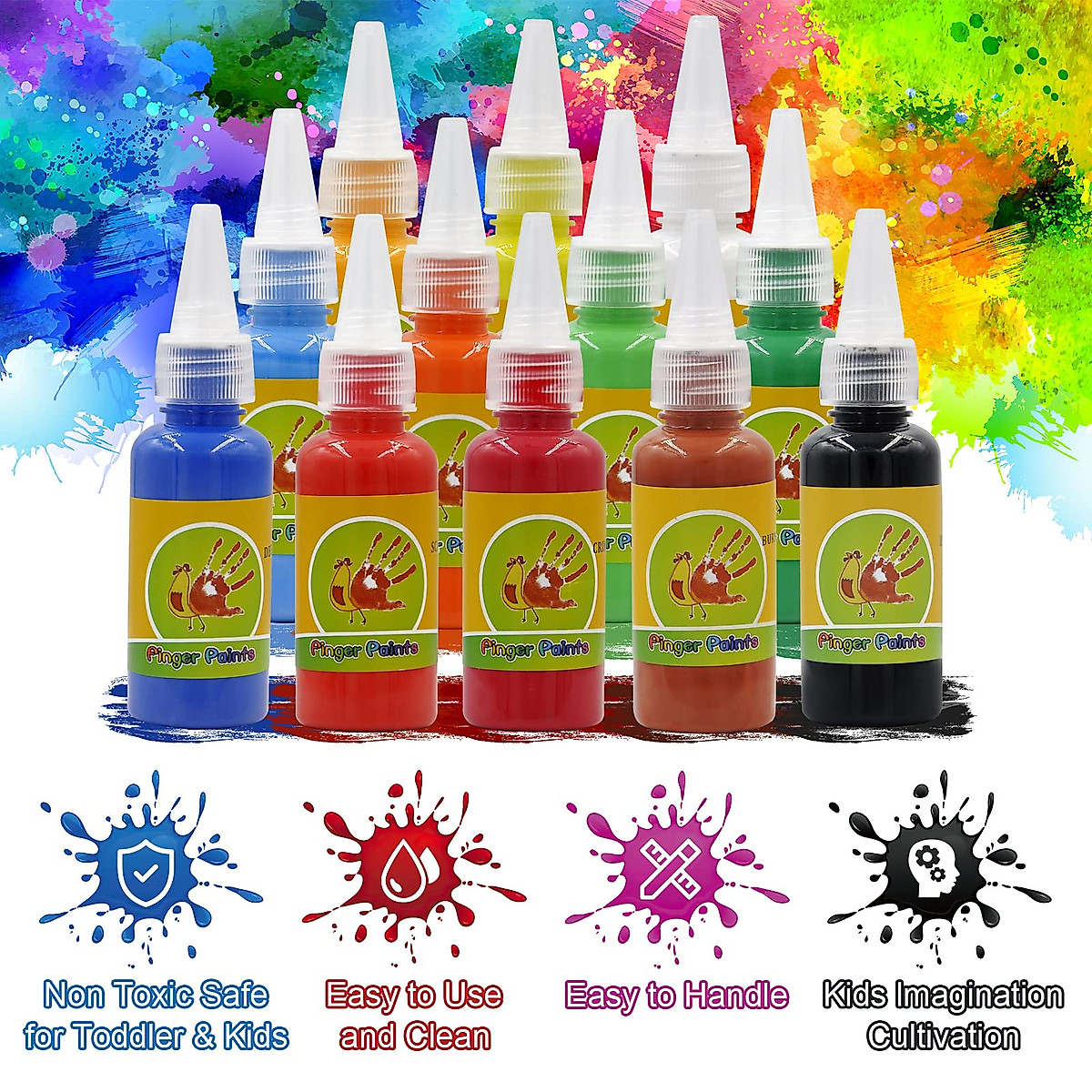 Magicdo 12 PCS Washable Non-Toxic Finger Paint for Kids Toddlers 1-3, Tempera Paint for DIY Crafts Painting, Safe Bath Paint, School Painting (12colors X 1fl oz)