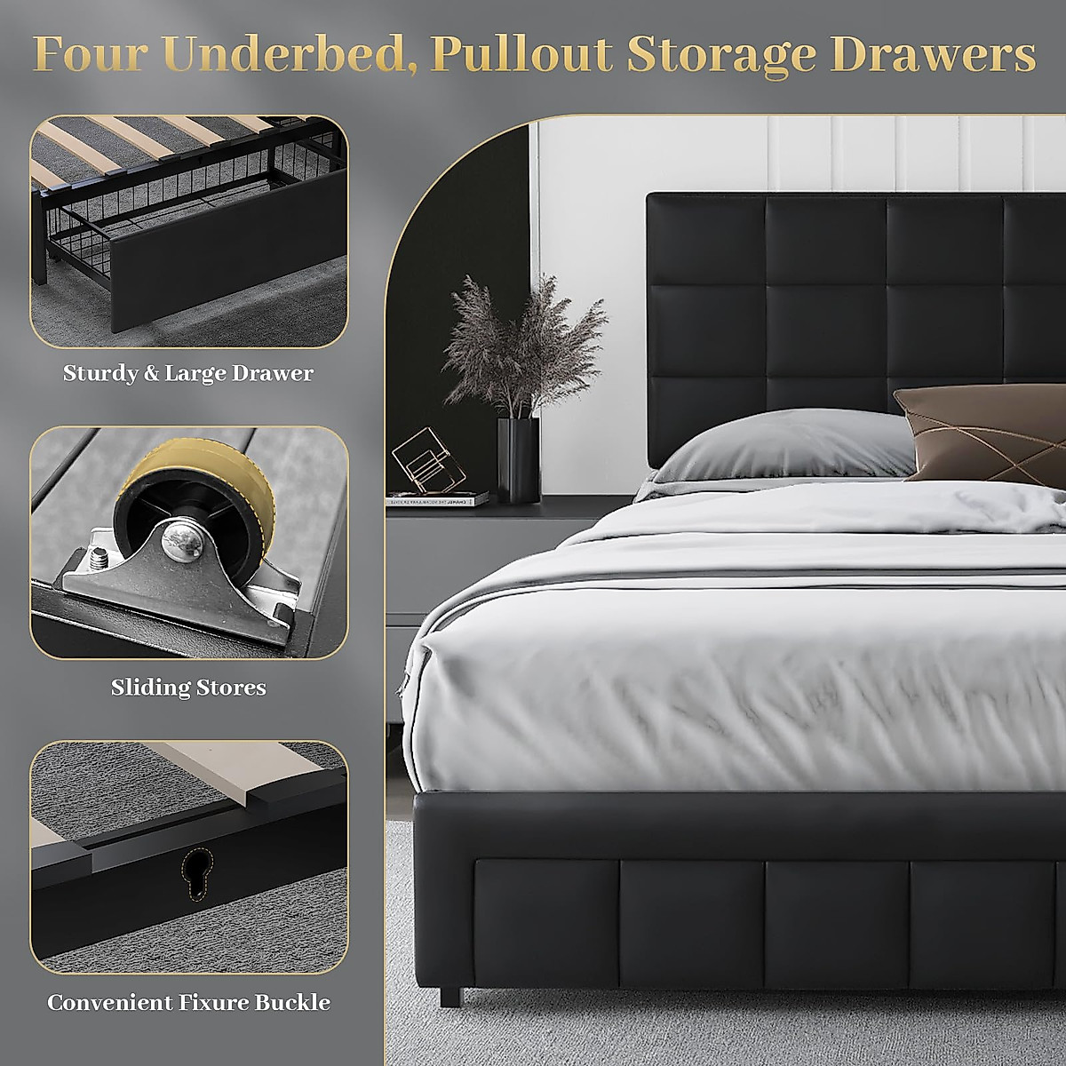 Queen Bed Frame with Storage, Upholstered Bed Frame with 4 Drawers, Adjustable Headboard, Type-C & USB Ports, Wooden Slats, Noise-Free, No Box Spring Needed Easy Assembly Bed Frame with Drawers