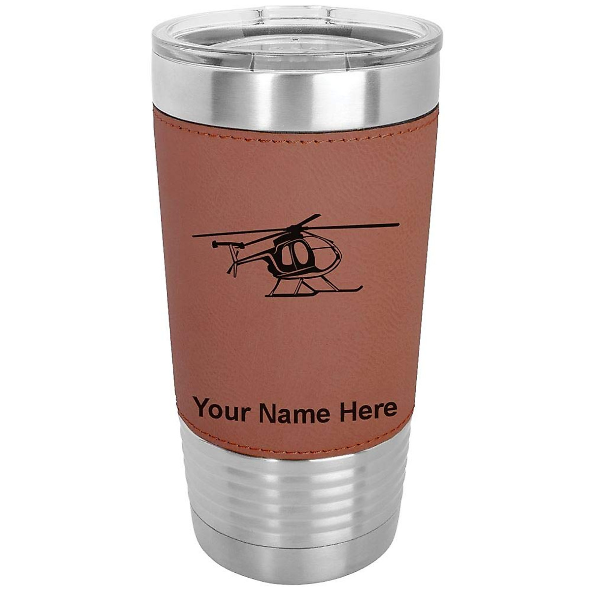 LaserGram 20oz Vacuum Insulated Tumbler Mug, Helicopter 1, Personalized Engraving Included (Faux Leather, Dark Brown)