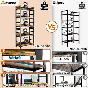 Aquzee Bookshelf, 66" H 5-Tiers Heavy Duty Industrial Shelving Wood & Metal Bookcase, Rustic and Black Tall Shelf Units for Home, Office, Living Room