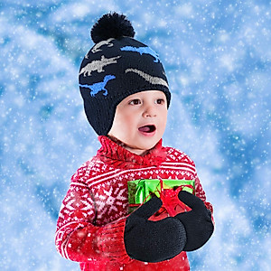 Boys Winter Hat Mitten Gloves Set Toddler Warm Beanie Earflap Baby Knit Fleece Lined Hat (Navy Blue,4-5 Years Old)