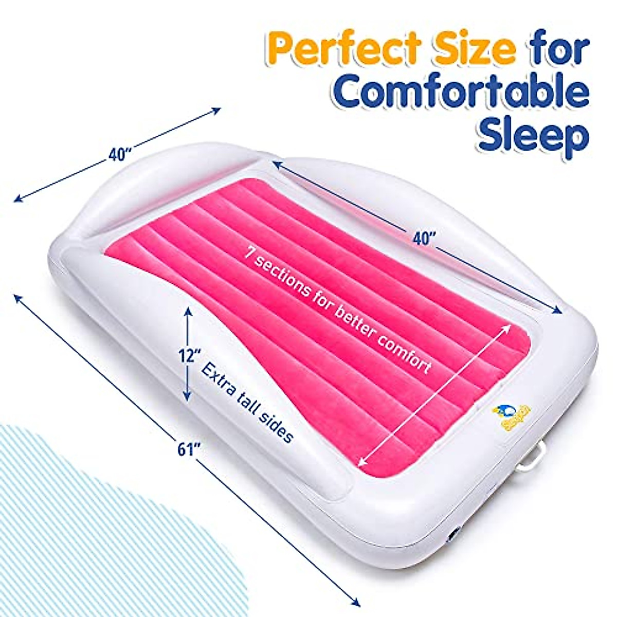Sleepah Inflatable Toddler Travel Bed – Inflatable & Portable Bed Air Mattress Set –Blow up Mattress for Kids with High Safety Bed Rails. Set Includes Pump, Case, Pillow & Plush (Coral)