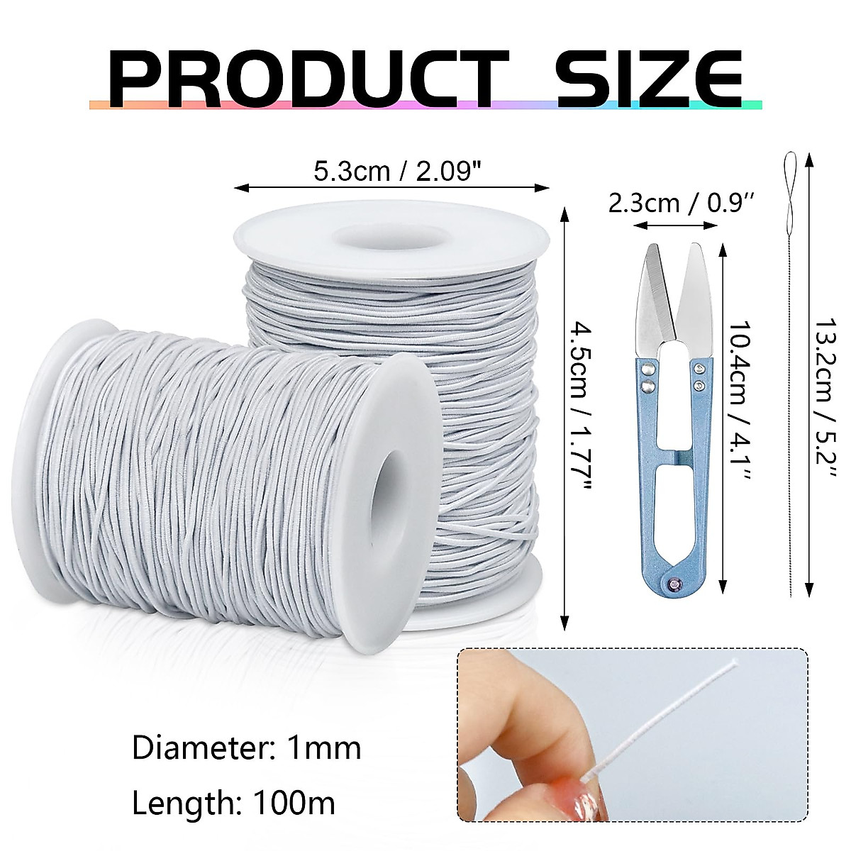 2 Rolls FIVEIZERO White Elastic Bracelet String Total 330 Feet,1mm,1.2mm,1.5mm Elastic Cord for Beading Stretchy String with Beading Needle for Bracelets, Sewing, Necklace, Jewelry Making and Crafts
