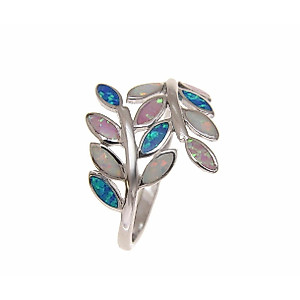 Arthur's Jewelry Blue white pink tricolor inlay synthetic opal ring Hawaiian maile leaf 925 sterling silver size 10