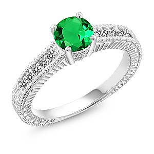 Gem Stone King 925 Sterling Silver Green Simulated Emerald and White Diamond Women Engagement Ring (0.94 Ct Round 6MM, Available In Size 5, 6, 7, 8, 9)
