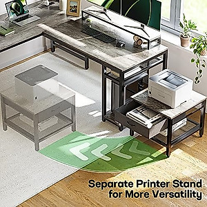 Marsail L-Shaped Computer Desk with Power Outlet & LED Strip, Reversible Corner Desk with Storage Shelf & Monitor Stand, L Shaped Desk Gaming Desk with Separate Printer Stand for Home Office,Grey