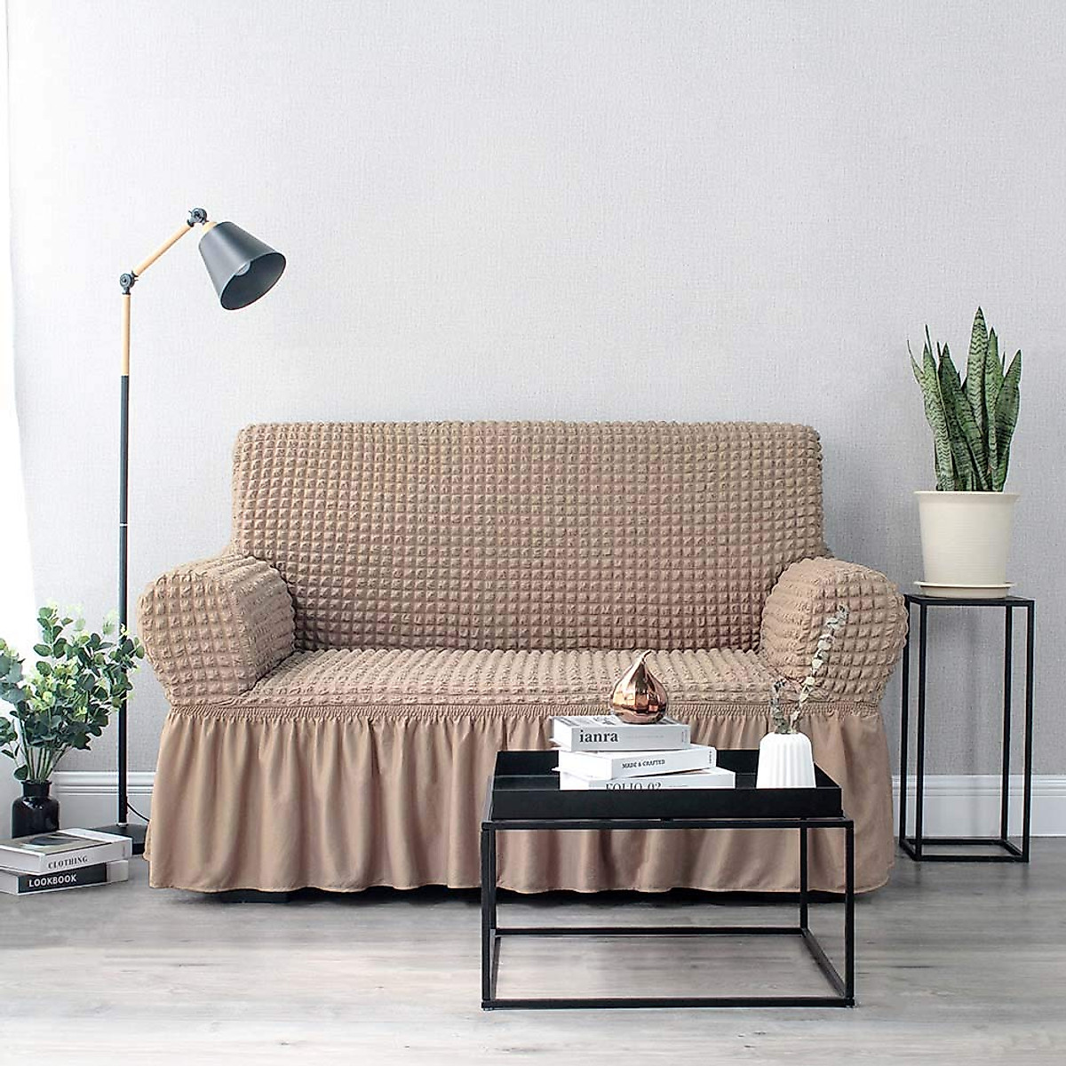 NICEEC Loveseat Slipcover Khaki Loveseat Cover 1 Piece Easy Fitted Sofa Couch Cover Universal High Stretch Durable Furniture Protector Love Seat with Skirt Country Style (2 Seater Khaki)