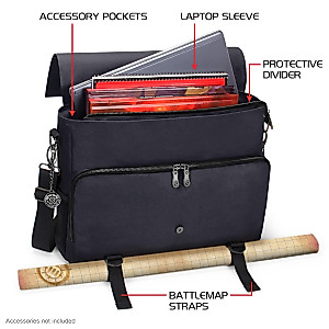 ENHANCE Collector's Edition RPG Player's Essentials DnD Bag - Dragon Hide Exterior Messenger Bag Fits 2-4 Books, Binders, Dice & Accessories, with 17 inch Laptop Slot, Battlemap Straps (Dragon Black)