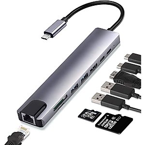 USB C Hub Multiport Adapter, 8-in-1 USB-C Hub with 4K HDMI, RJ45 Ethernet, 87W PD, SD/TF Card Reader, USB-C Data Port Docking Station Compatible with MacBook Pro/Air/iPad Pro/XPS