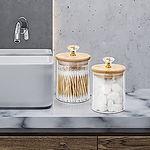 Bathroom Organizer with Bamboo Lids,Apothecary Jars Qtip Holder Storage Canister Clear Glass bathroom jars Cotton Ball Holder for Cotton Rounds,Pads, Floss,Cotton Swab(3 pieces)