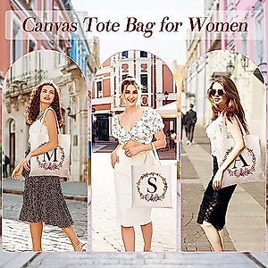 AUNOOL Monogrammed Tote Bag with Makeup Bag, 13oz Canvas Tote Bag for Women Floral Initial Tote Bag Bridal Shower Gifts for Bride To Be Personalized Gifts for Teachers Friends Sister, Letter E
