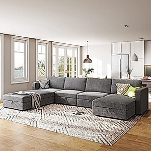HONBAY 149'' Modular Sectional Sofa U Shaped Modular Couch with Storage Seats 7 Pieces Modular Sofa Deep Seat Modular Sectional Couch with Wide Chaise, Light Grey